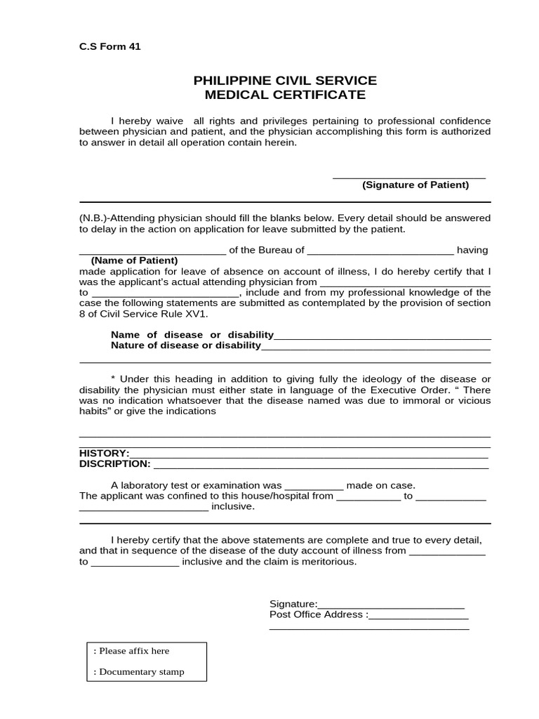 CS Form 41 (Medical Certificate) | PDF | Public Services | Health Sciences