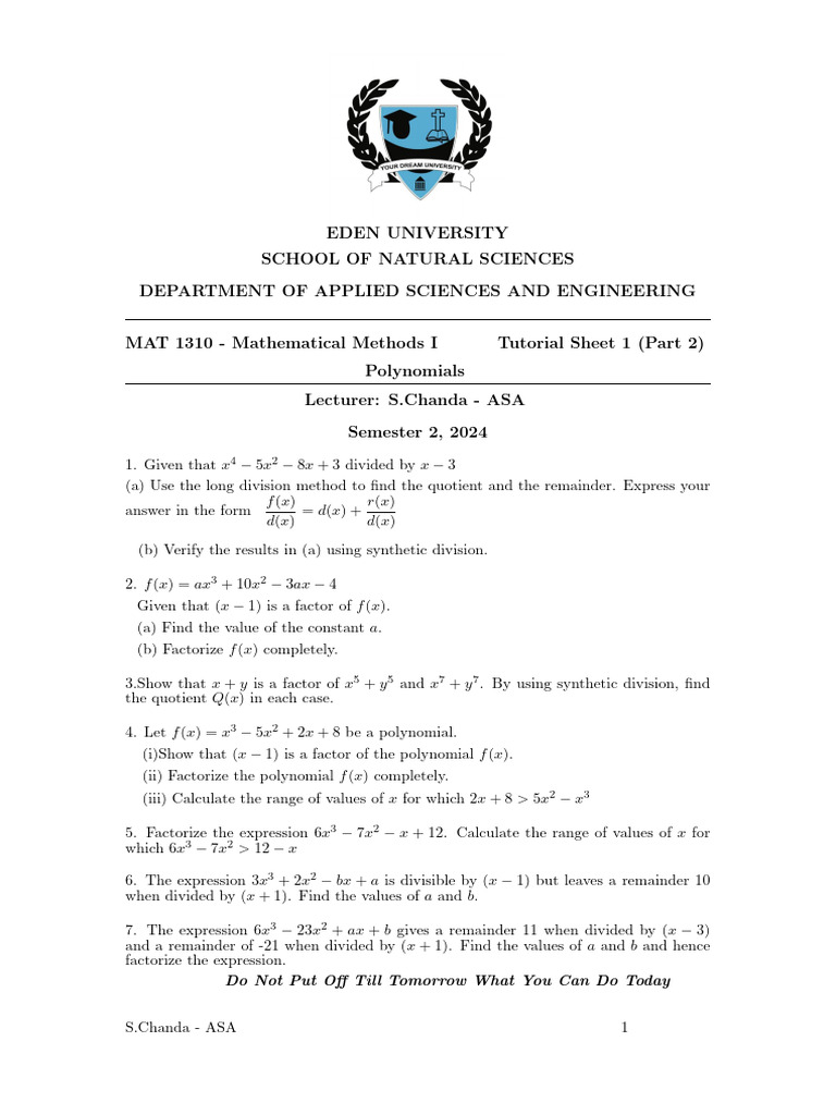 Tutorial Sheet 2 Polynomials Part 2 | PDF