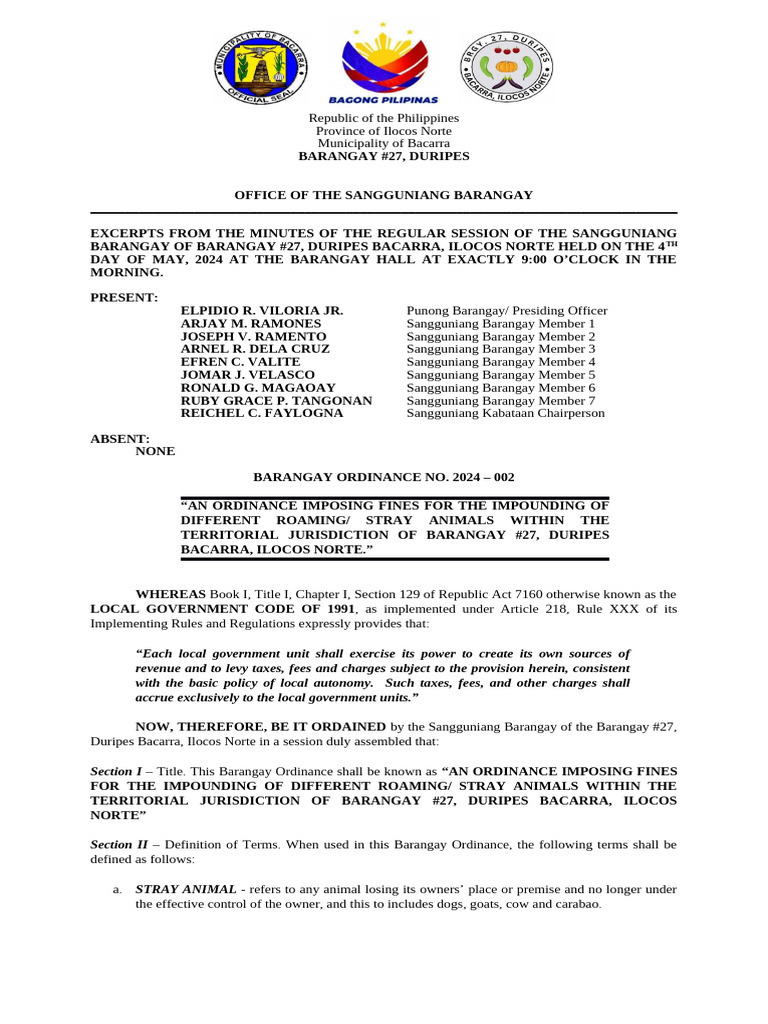 Barangay Ordinance of Stray Animals 2024 DURIPES REVISED FINAL | PDF ...