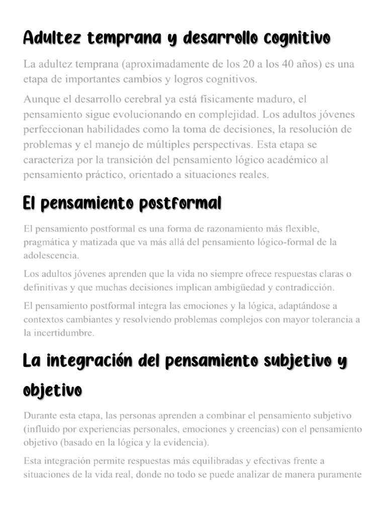 Adultez Temprana y Desarrollo Cognitivo | PDF | Adultos | Pensamiento