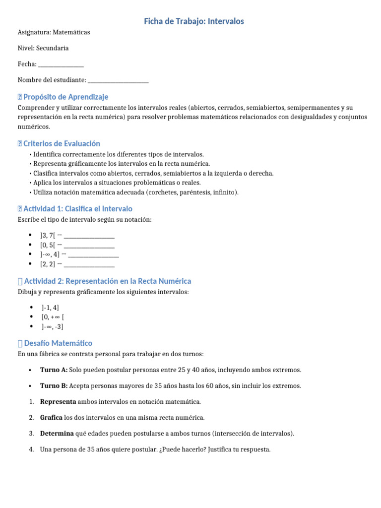Ficha - Trabajo - Intervalos 5to | PDF