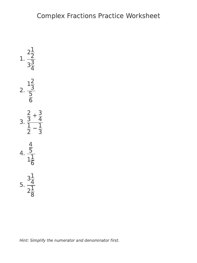 Complex Fractions Worksheet v2 | PDF