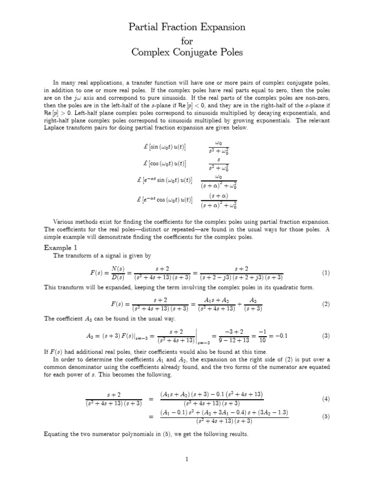 Complex Pole Partial Fraction Expansion | PDF | Trigonometric Functions | Laplace Transform