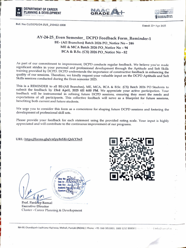 22 April DCPD Feedback Form Reminder-1 BE, ME & MCA BCA & BSC Batch ...