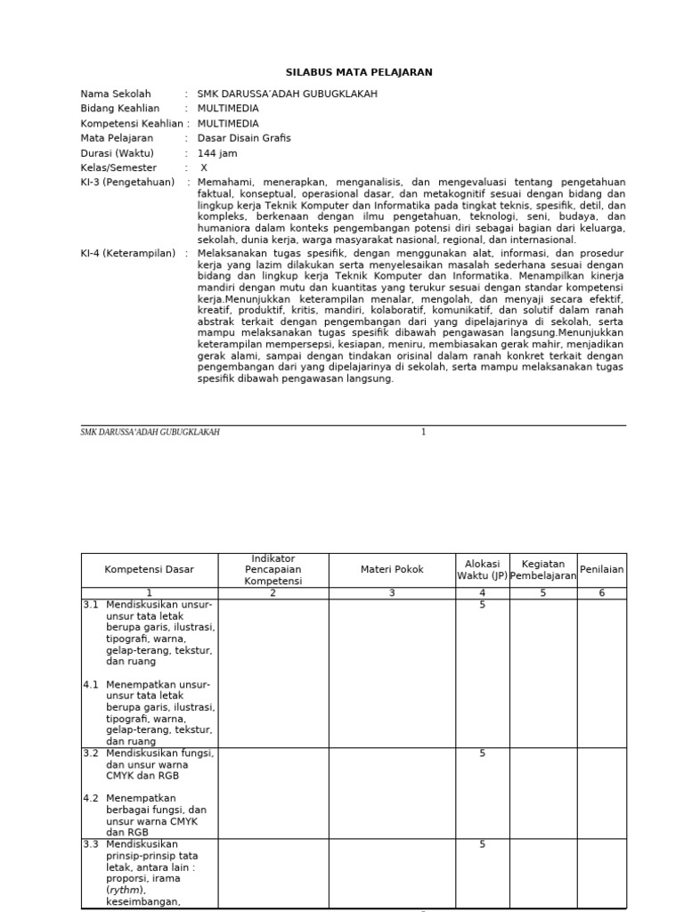 Silabus Dasar Disain Grafis | PDF