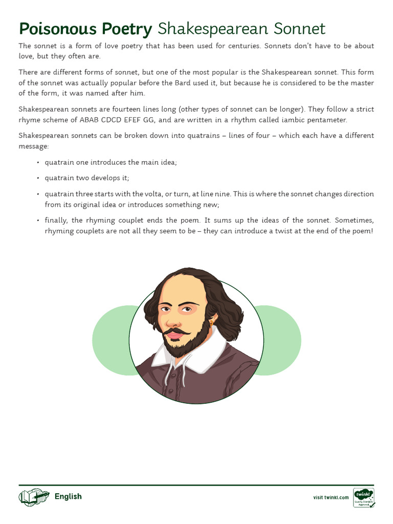 Poisonous - Poetry - L4 - Sonnet - Form - Shakespearean - Sonnet ...
