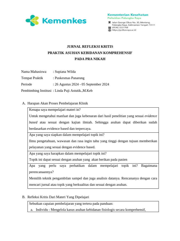 Stase II-JURNAL REFLEKSI KRITIS PRA NIKAH-SUPIANA WILDA | PDF