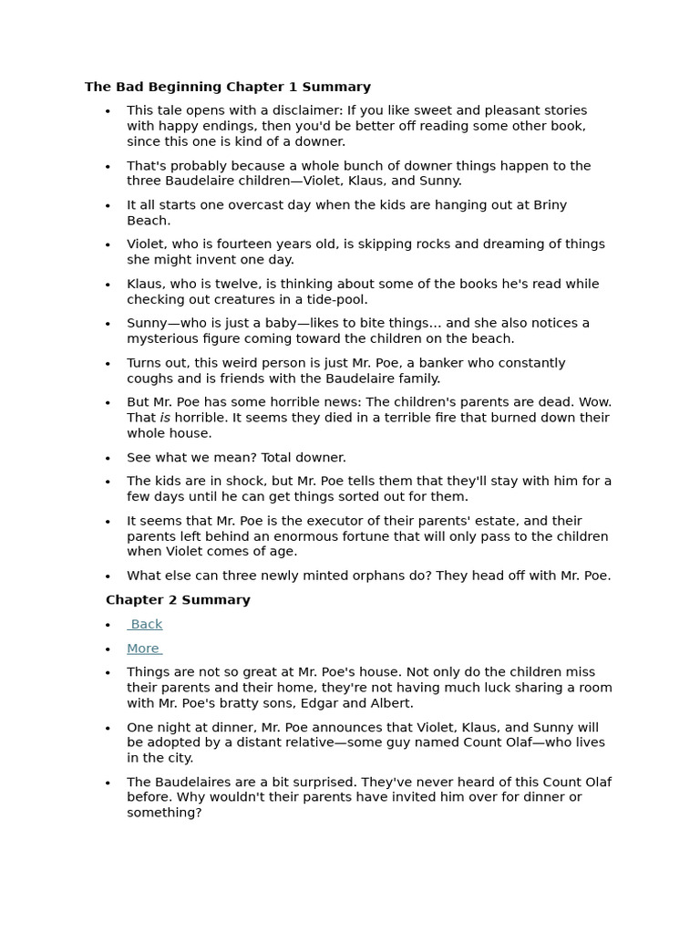 The Bad Beginning Chapter 1-6 Summary | PDF