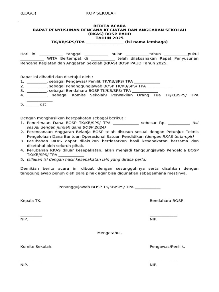 Berita Acara Rapat Penyusunan Anggaran Bosp | PDF