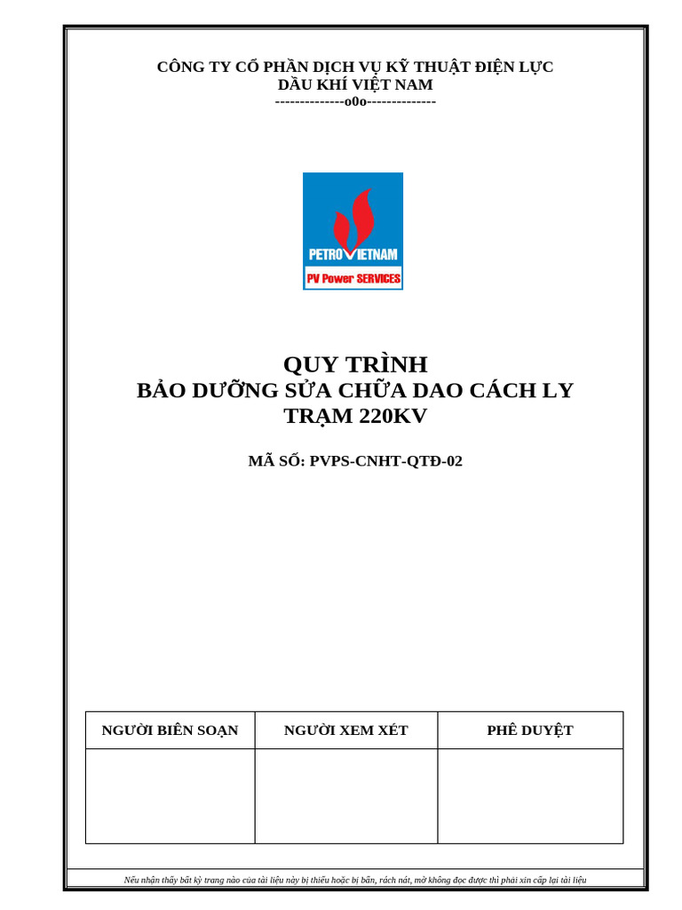 CNHT-QTD02-BDSC dao cach ly tram 220kV | PDF