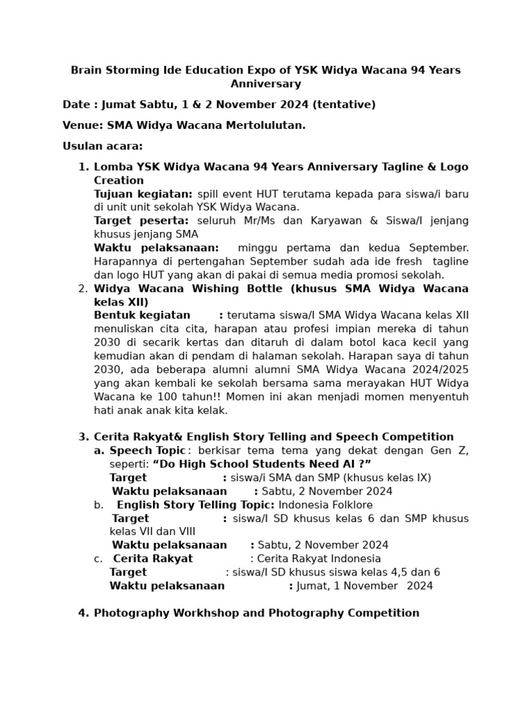 Brain Storming Ide Education Expo of YSK Widya Wacana 94 Years Anniversary | PDF