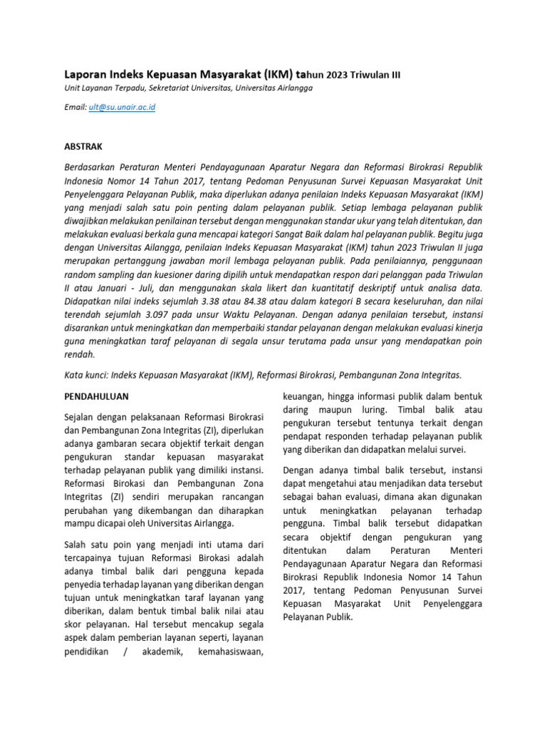 Laporan Indeks Kepuasan Masyarakat 2023 - Triwulan III | PDF