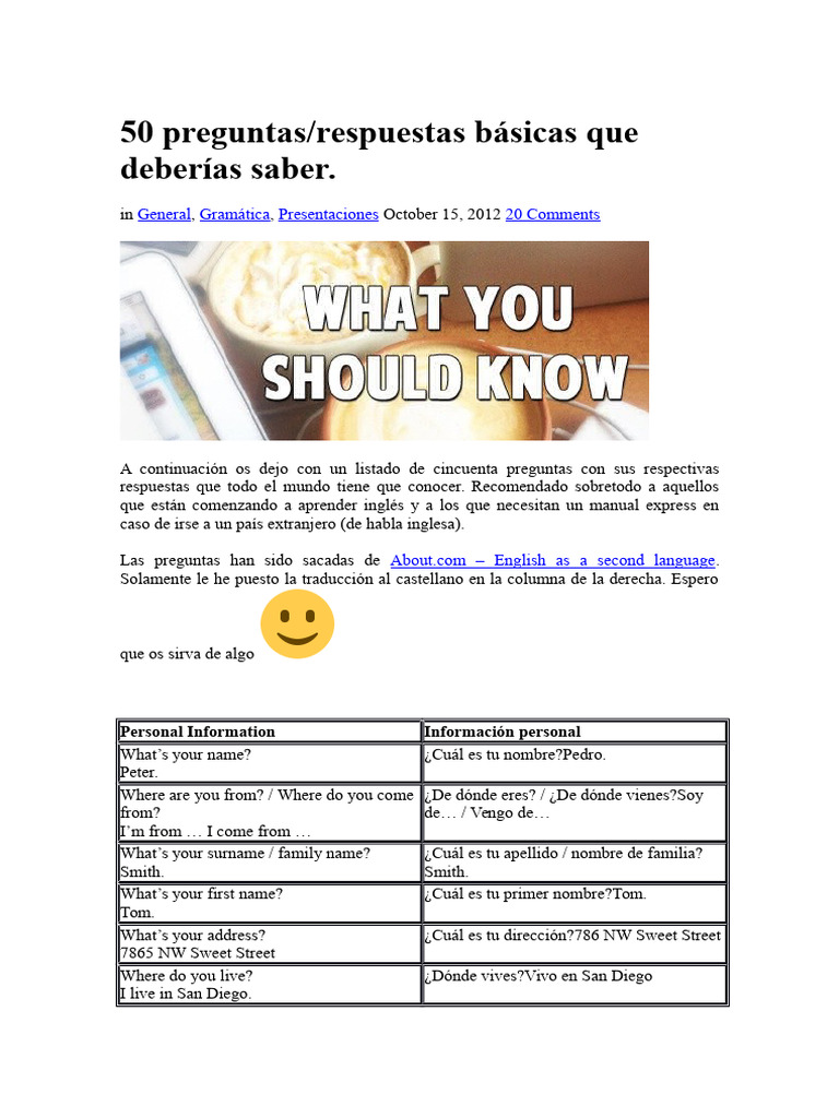 50 Preguntas Basicas de Ingles | PDF