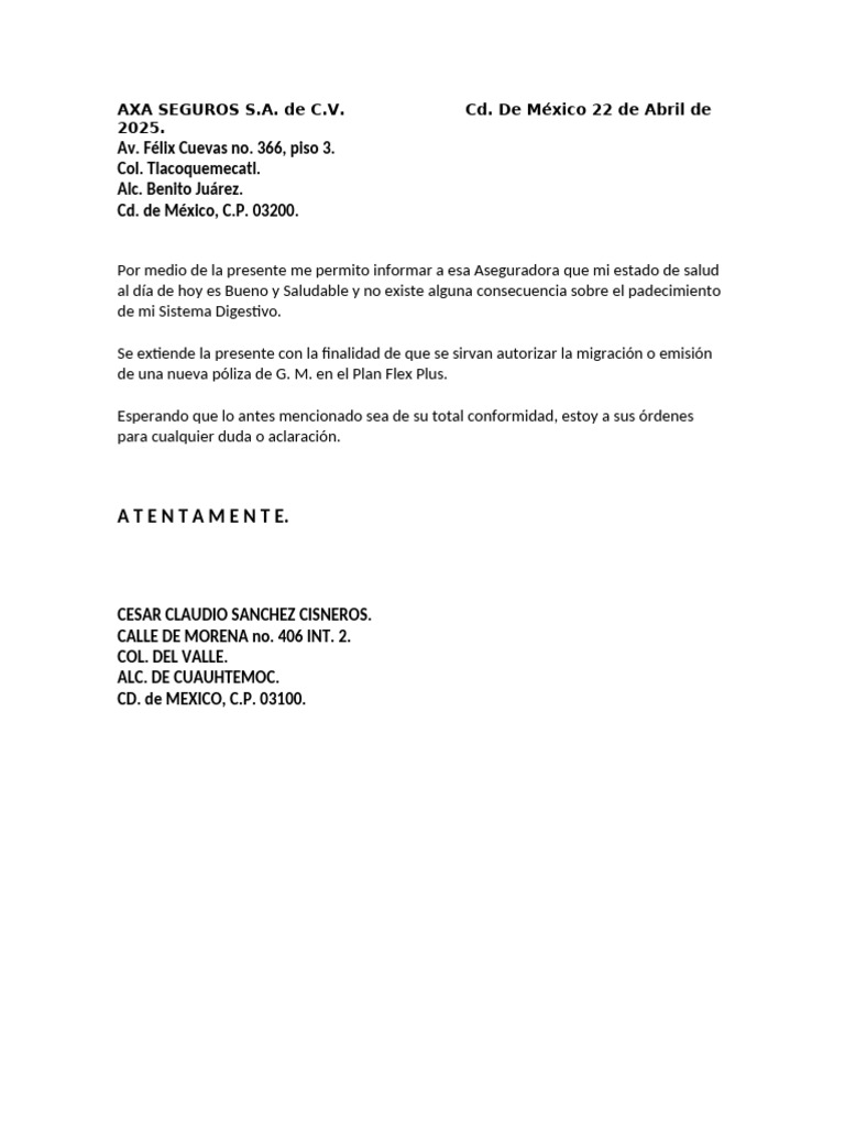 Carta de Informacion Adicional para Axa Seguros Sobre La Salud de Cesar ...