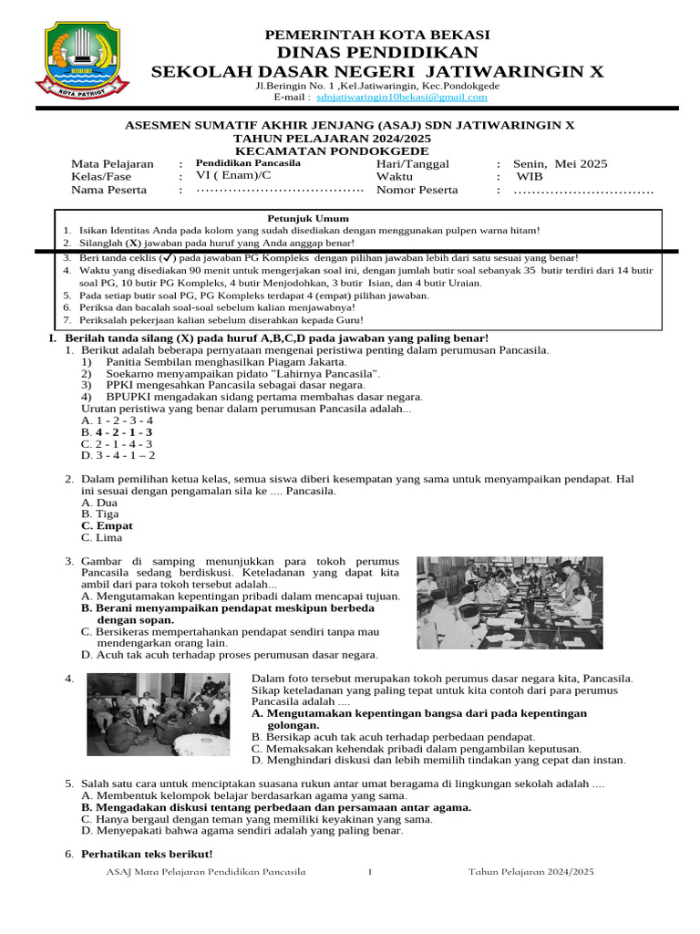 Soal Asaj 2025 Kelas 6 - Pendidikan Pancasila | PDF