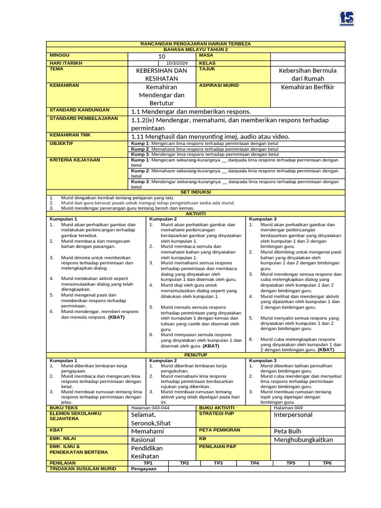 RPH Terbeza Minggu 10 BM Tahun 2 by Cikgu Gorgeous | PDF