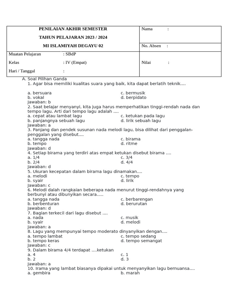 Soal SBP Kelas 4 Smt 1 2023-2024 | PDF