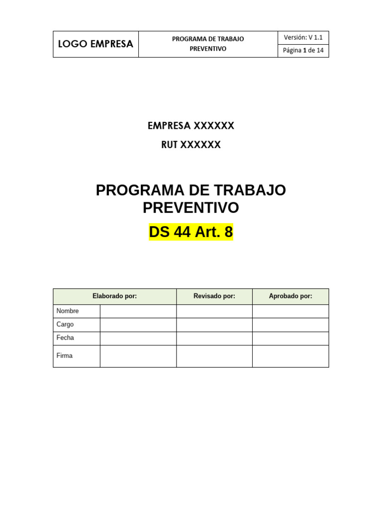 Formato Programa de Trabajo en Preventivo DS 44 | PDF | Seguridad y salud ocupacional | Liderazgo