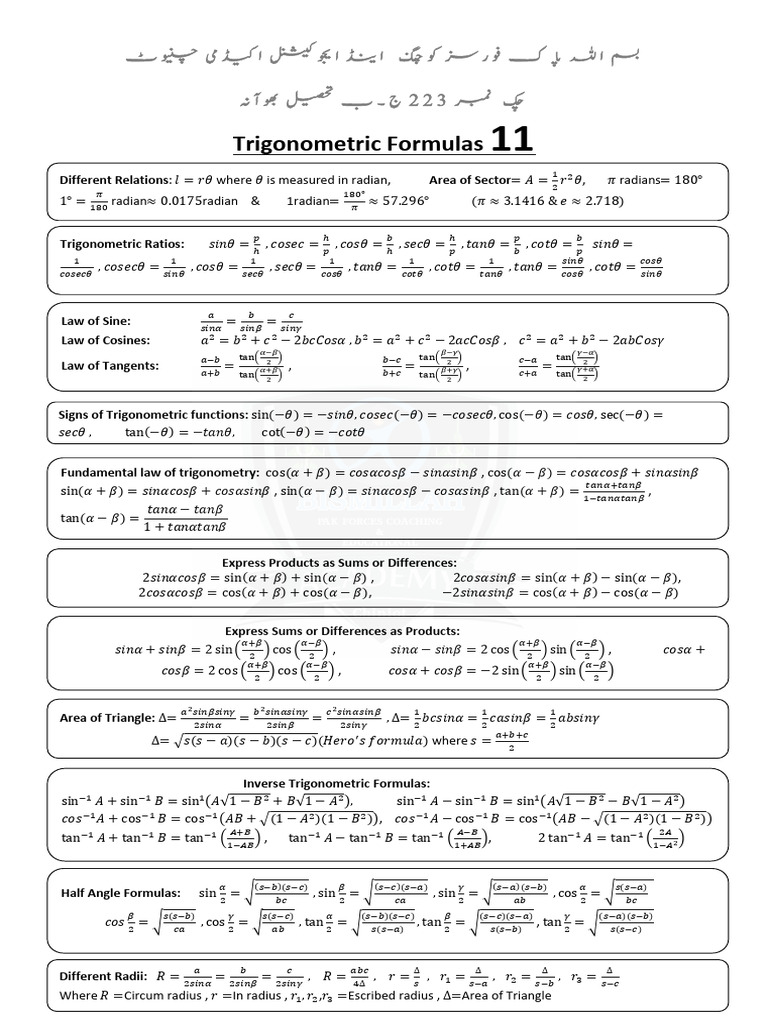 Trigonometric Formulas 11 | PDF | Trigonometric Functions | Trigonometry
