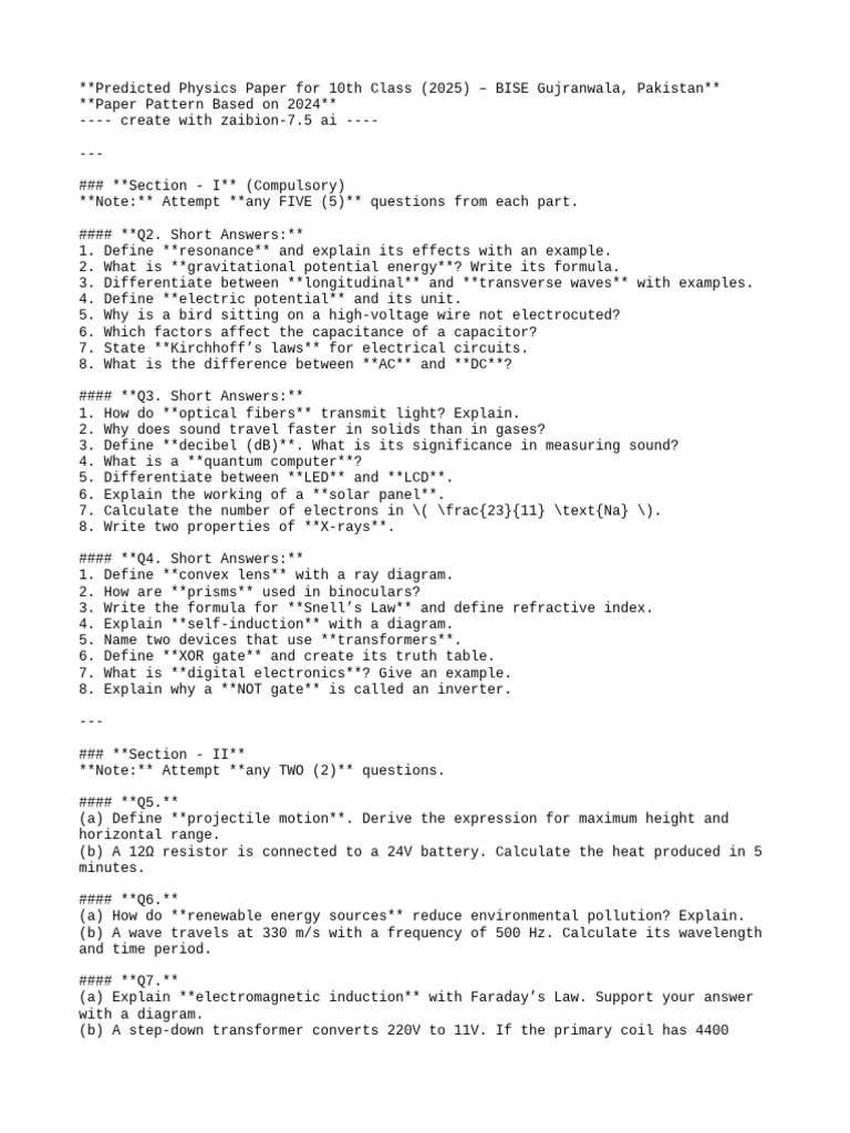 Physics Paper 10TH Class 2025 2 | PDF | Transformer | Waves