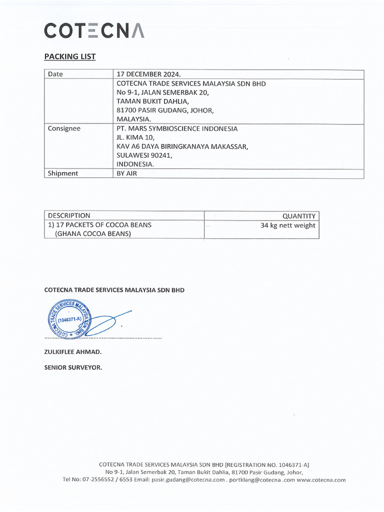 Cotecna Packing List | PDF