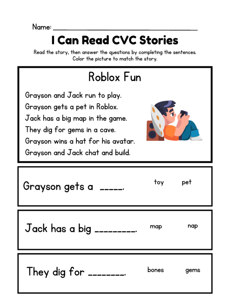 Roblox Adventure CVC Reading Story | PDF