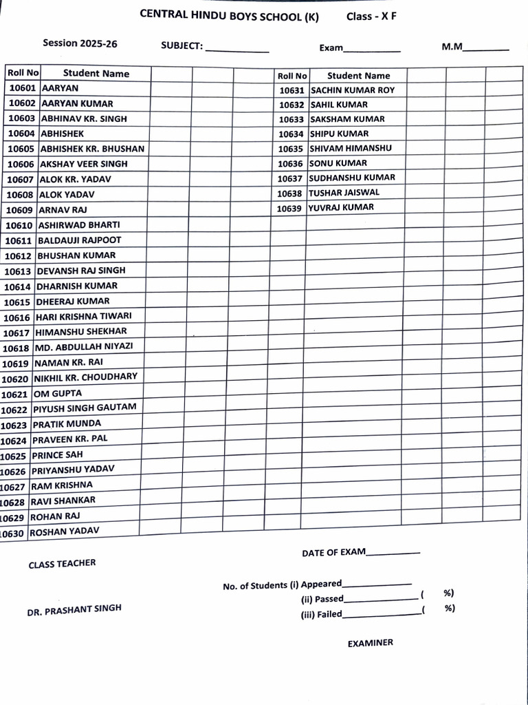 Class X Exam Roll List 2025-26 | PDF