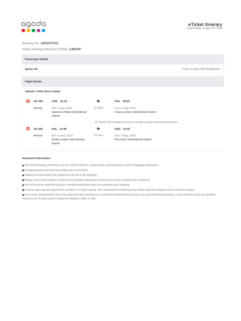 Agoda Booking ID 1024227541 Eticket 230804 115955 | PDF