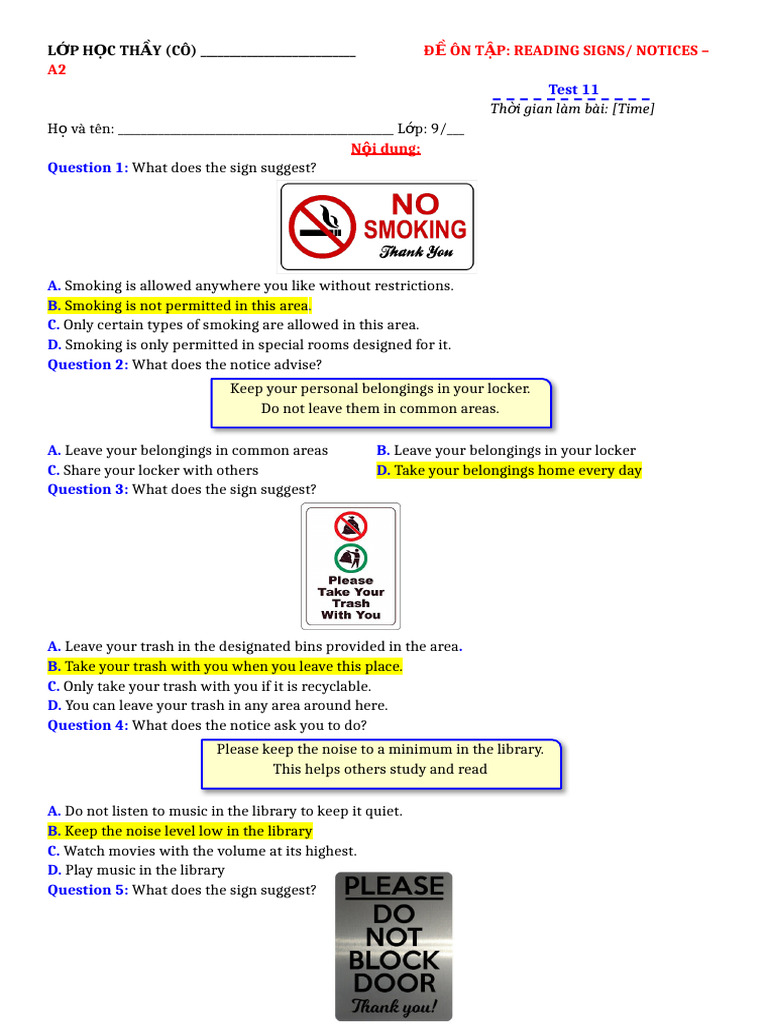 Reading Signs and Notices Worksheet | PDF