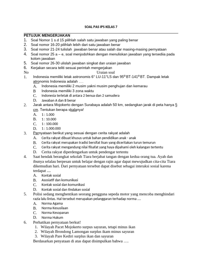 Soal Pas Ips Kelas 7 Ips 2022-2023 | PDF