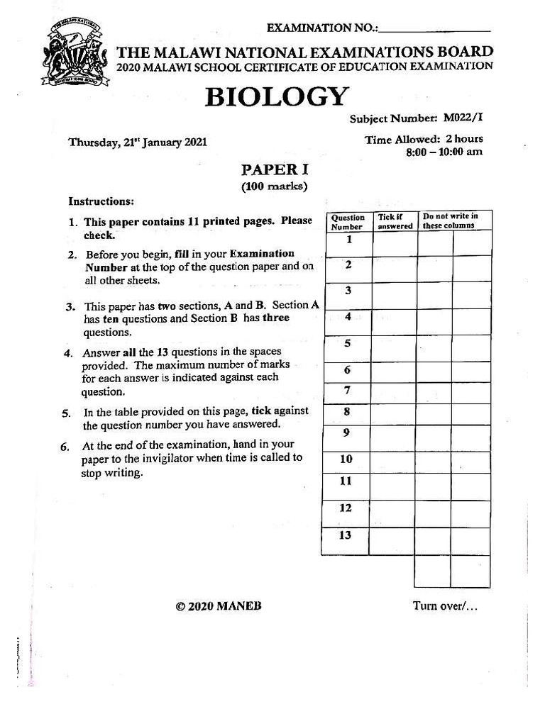 2020 Msce Biology I Kugwetsa | PDF