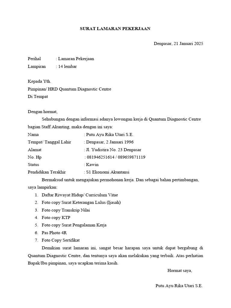 Surat Lamaran Pekerjaan QUANTUM DIAGNOSTIC CENTRE | PDF