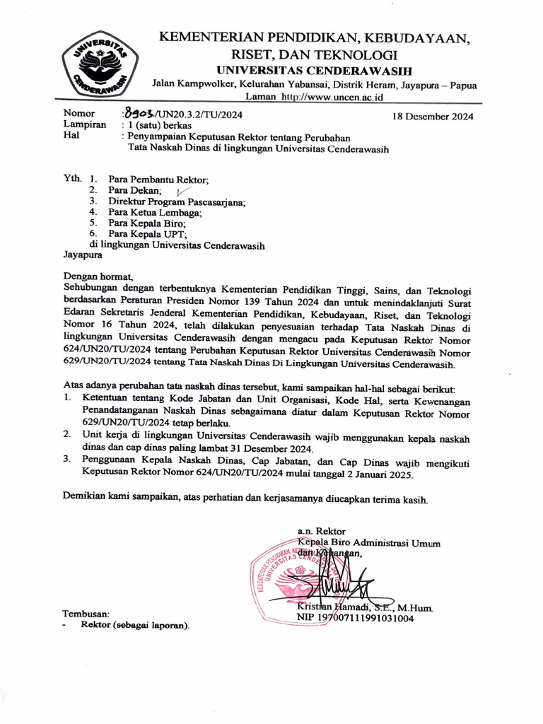 SK Rektor Tentang Perubahan Tata Naskah Dinas UNCEN | PDF