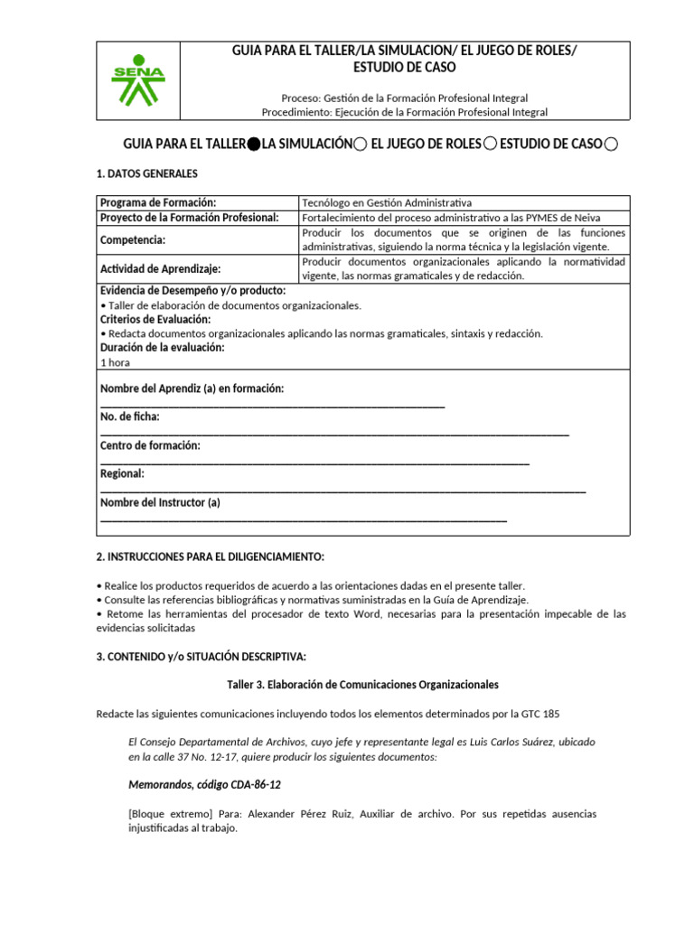 Guía Taller Elaboración Dctos. Org. | PDF | Simulación | Caso de estudio
