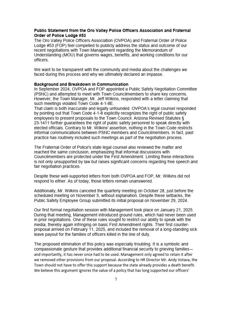 Oro Valley Police Pay Negotiation Update | PDF | Negotiation