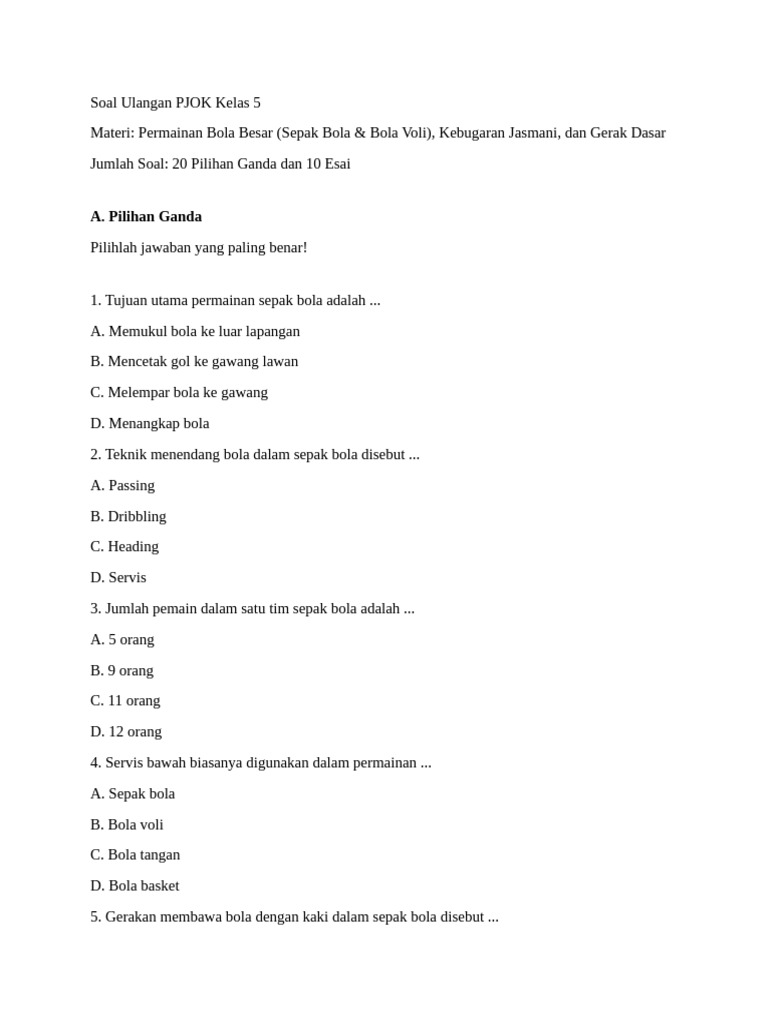 Soal Ulangan PJOK Kelas 5 | PDF