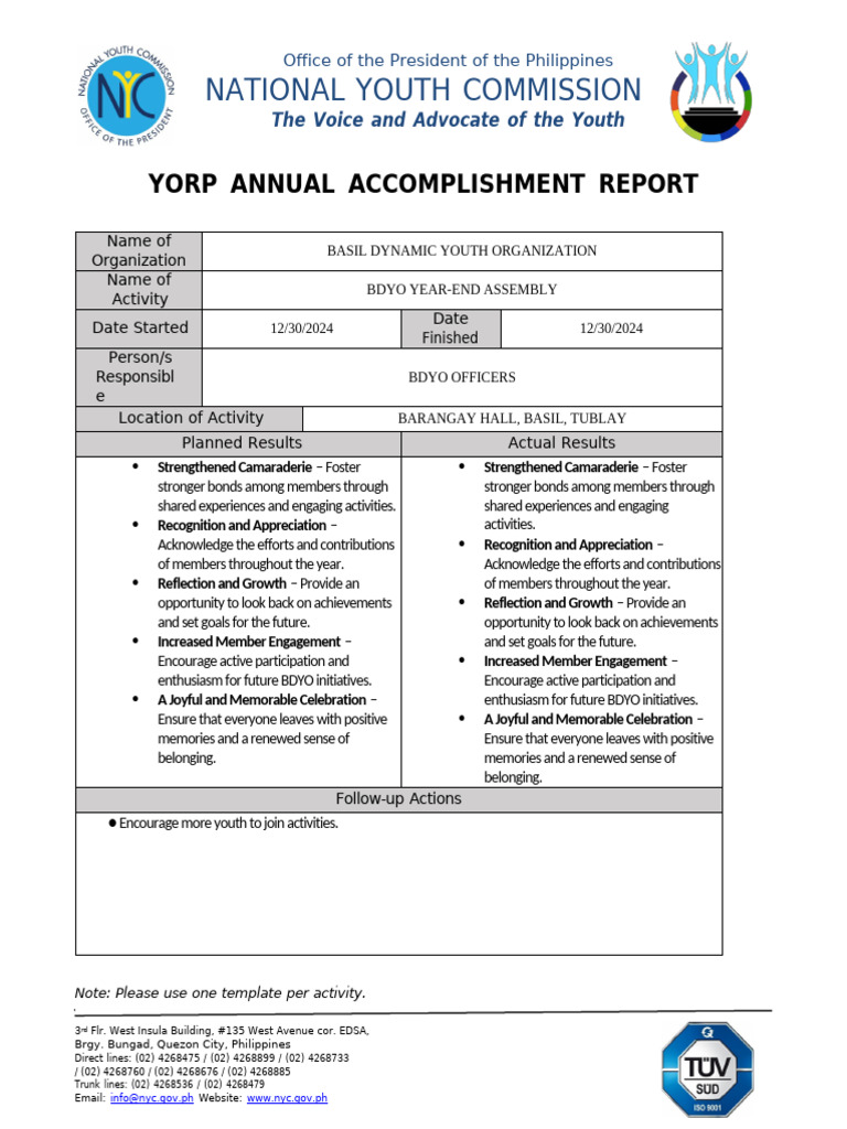 YORP Annual Accomplishment Report Template 1 | PDF
