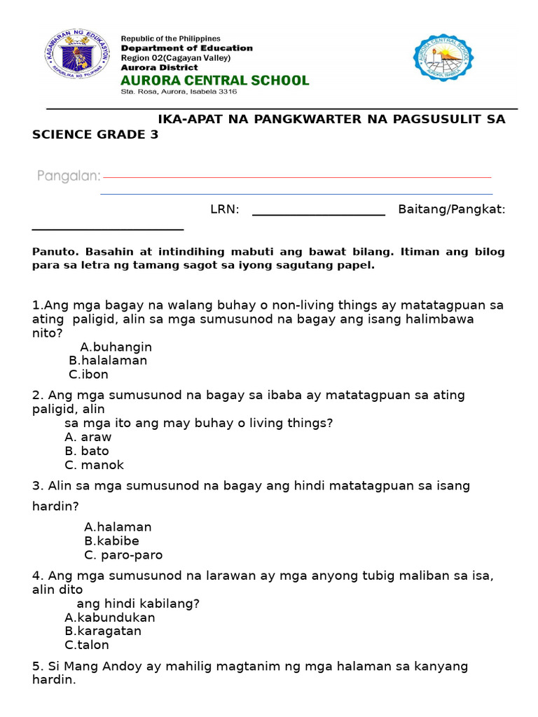 Test Format Grade 3 - SCIENCE | PDF