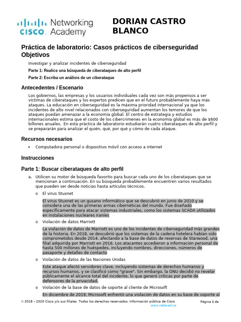 1.1.6 Lab Cybersecurity Case Studies - Es XL | PDF | La seguridad informática | Seguridad