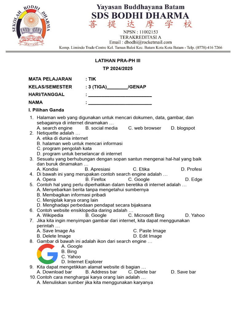 LATIHAN PRA-PH3 TIK Kelas 3 | PDF