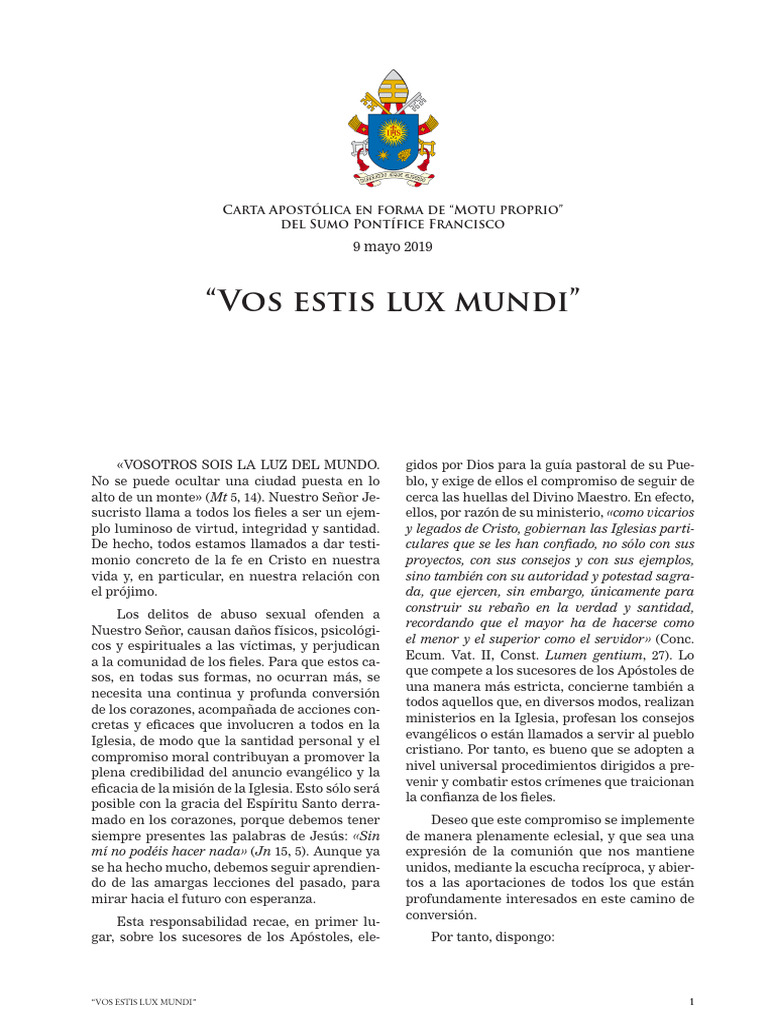Carta Apostólica del Papa Francisco en forma Motu proprio “Vos estis ...