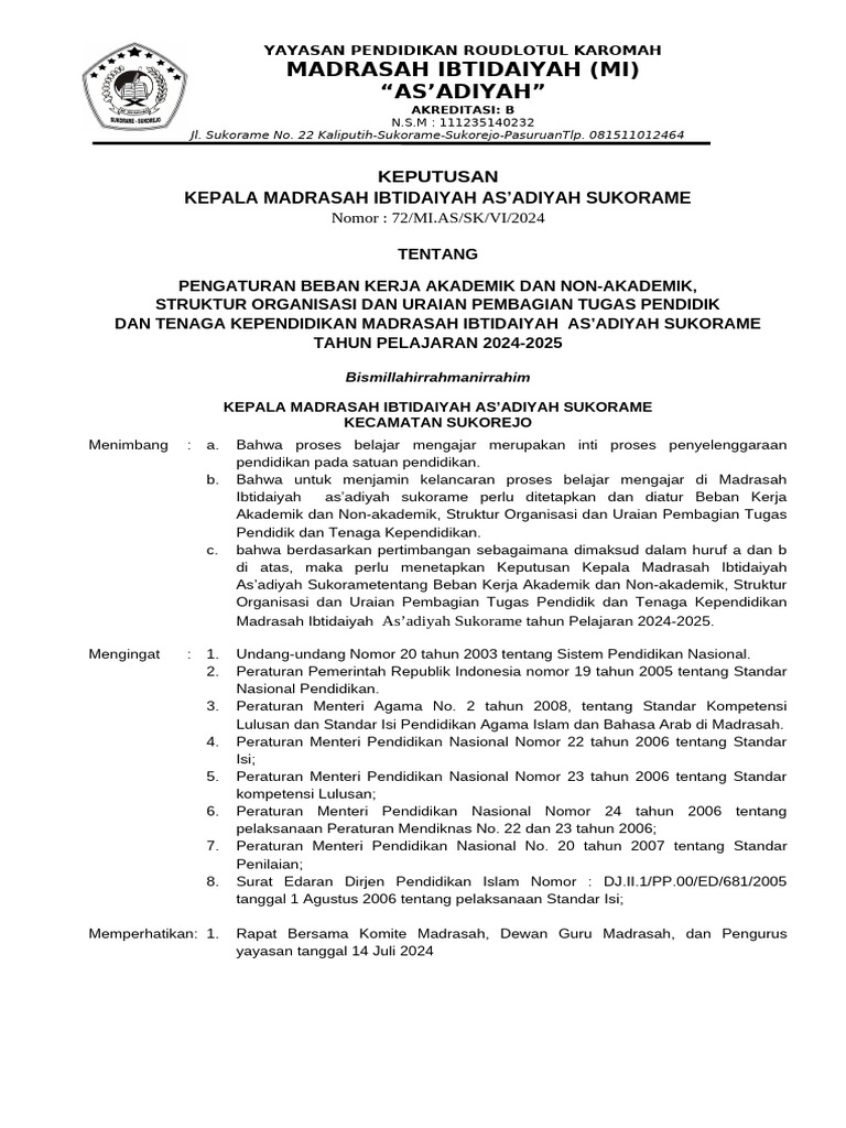 Pengaturan Beban Kerja MI As'adiyah 2024 | PDF