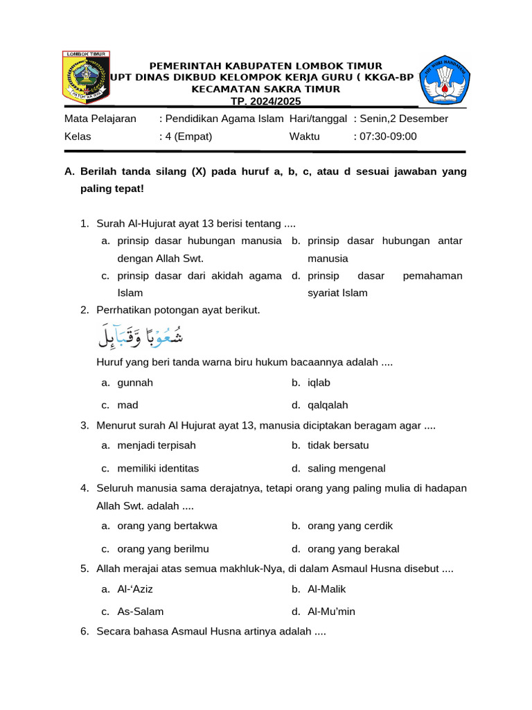 Soal Asas Ganjil PAI Kelas 4 | PDF