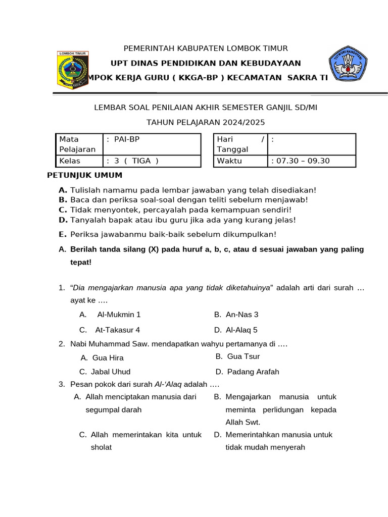 Soal Asas Ganjil PAI Kelas 3 | PDF