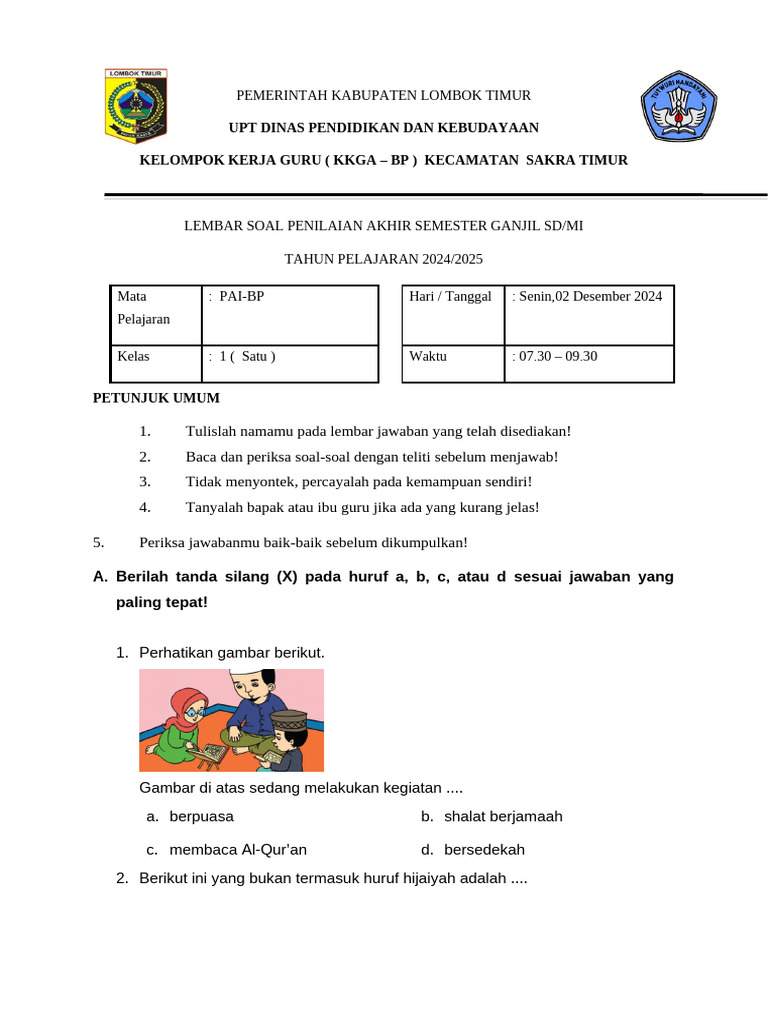 Soal Asas Ganjil PAI Kelas 1 | PDF