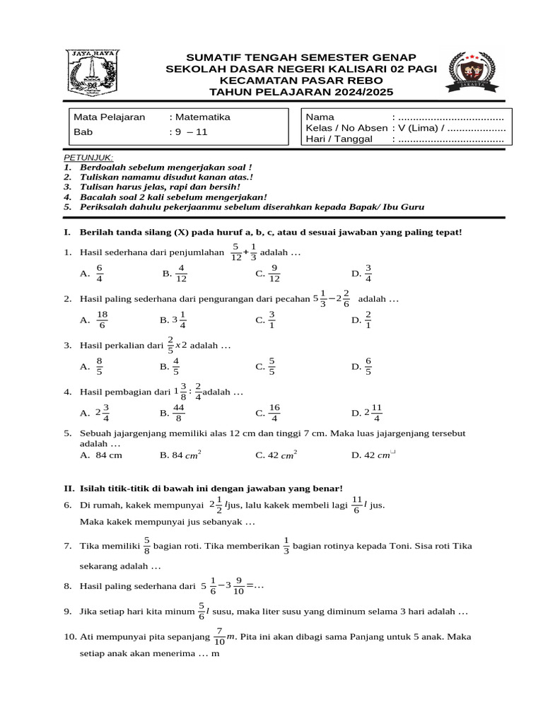 SUMATIF TENGAH SEMESTER MTK II 2025 | PDF