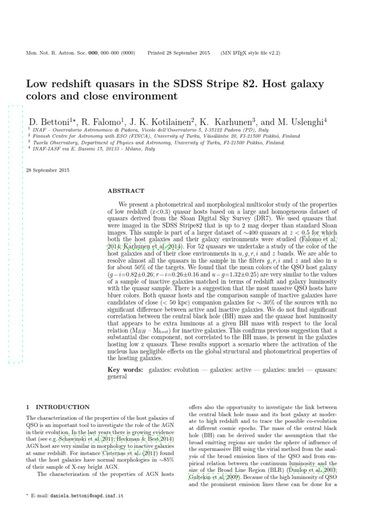 Low-Redshift Quasars in The SDSS Stripe 82. Host Galaxy Colours and Close Environment | PDF ...