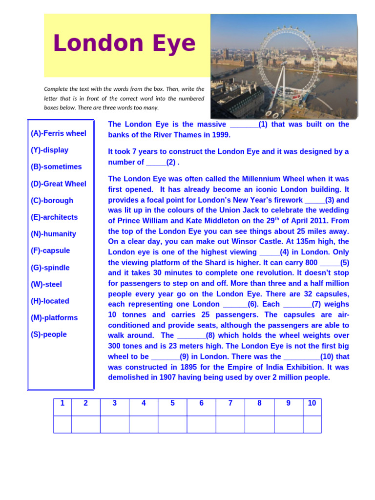 London Eye: Fill-in-the-Blank Activity | PDF