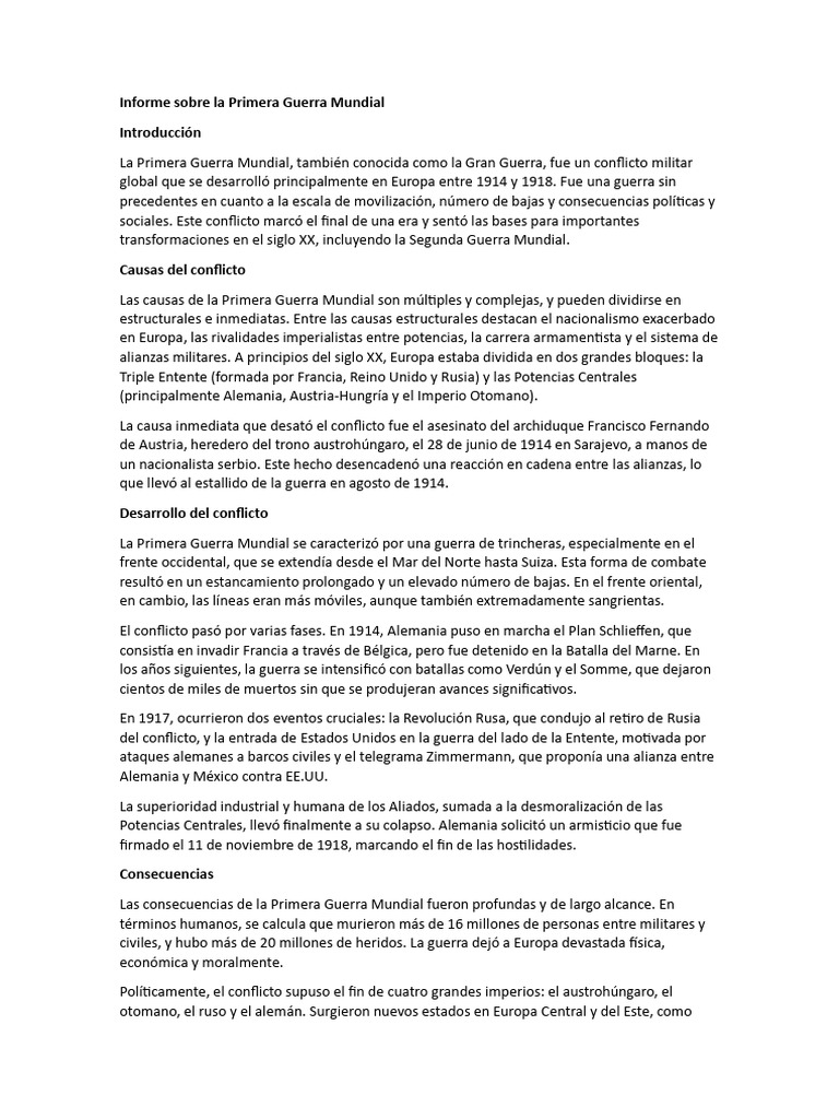 Causas y Consecuencias de la Primera Guerra Mundial | PDF | Primera ...