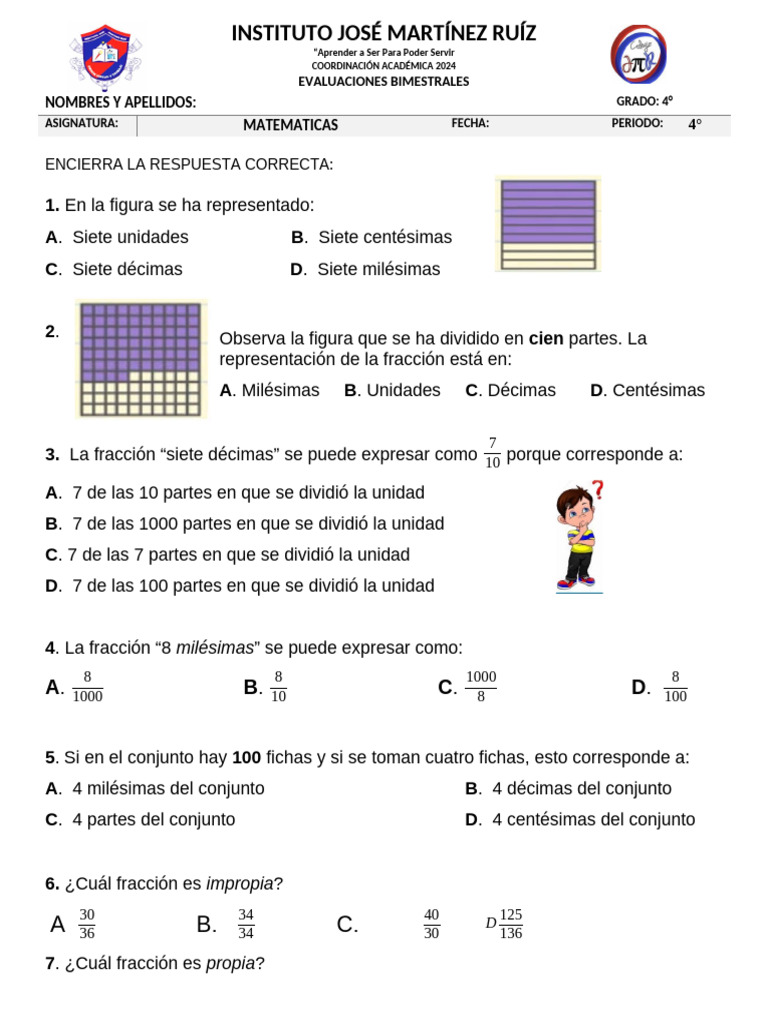 Examen de Matemáticas 4° Grado | PDF | Litro | Metrología